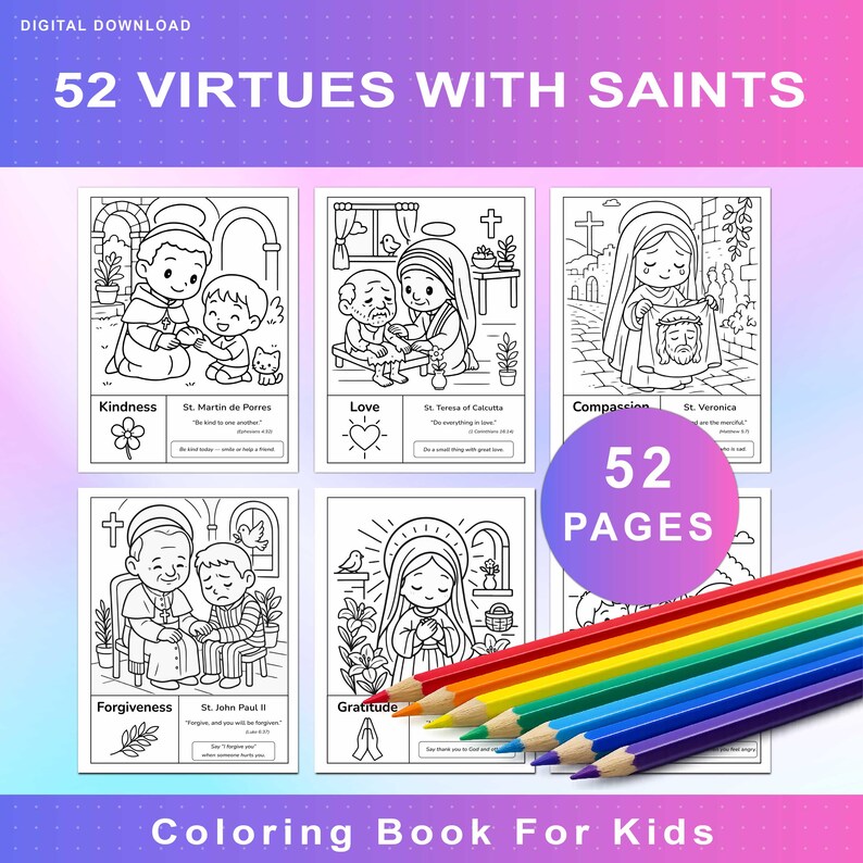 Catholic Coloring Book for Kids | 52 Virtues With Saints | Printable ...