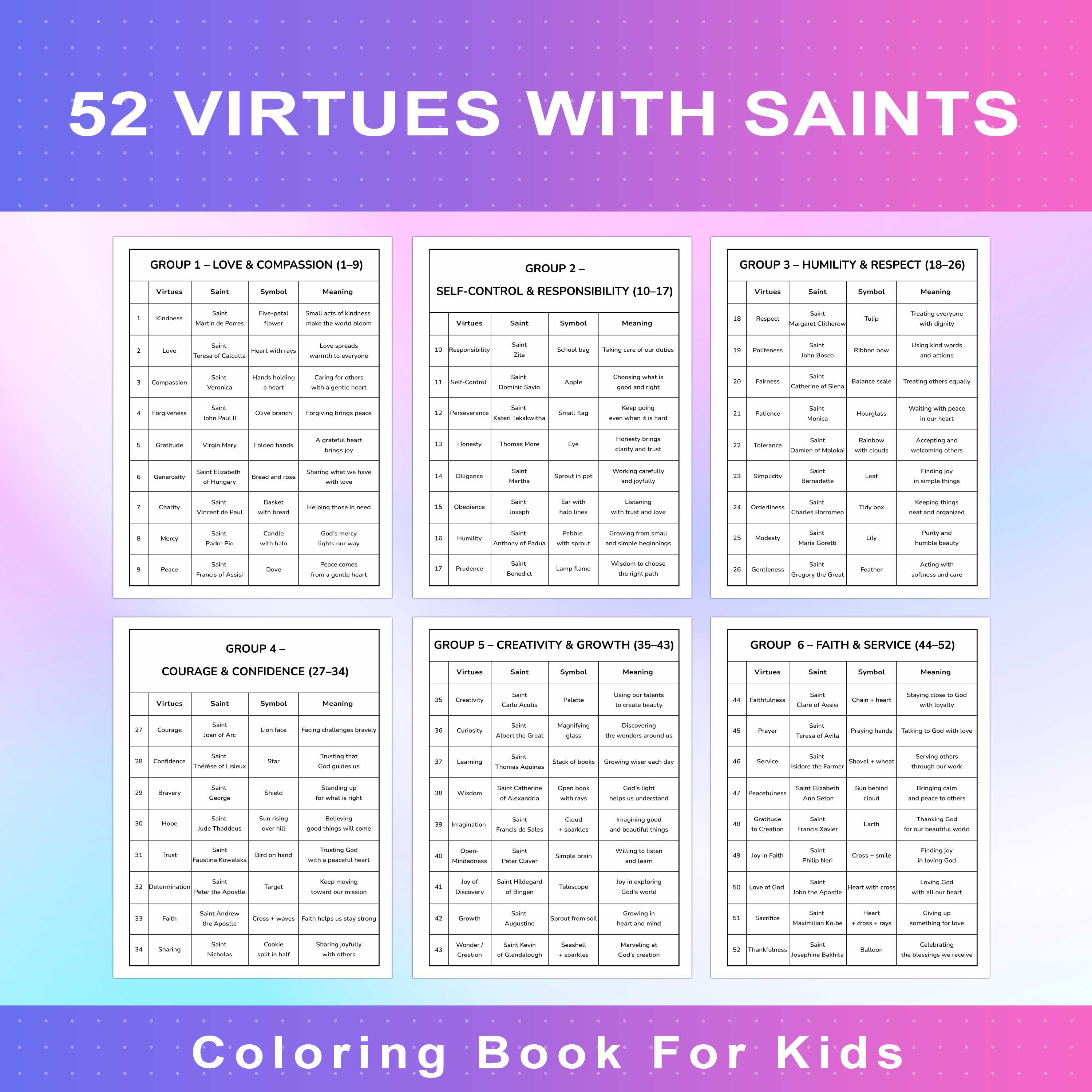 Catholic Coloring Book for Kids | 52 Virtues With Saints | Printable ...