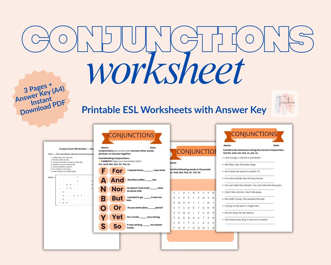 FANBOYS Conjunctions Worksheets Bundle, ESL Grammar (printable) - Etsy