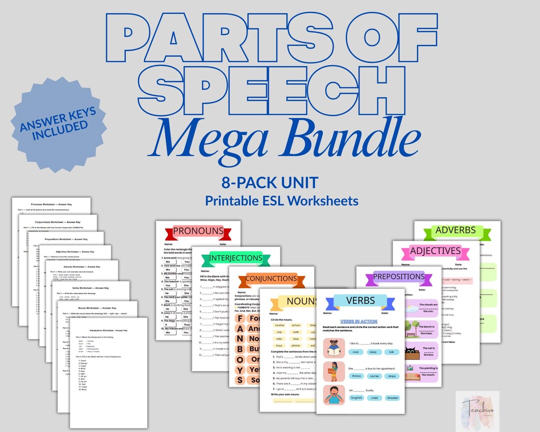 Complete Parts of Speech Worksheets Bundle • 8-pack Grammar Unit for ...