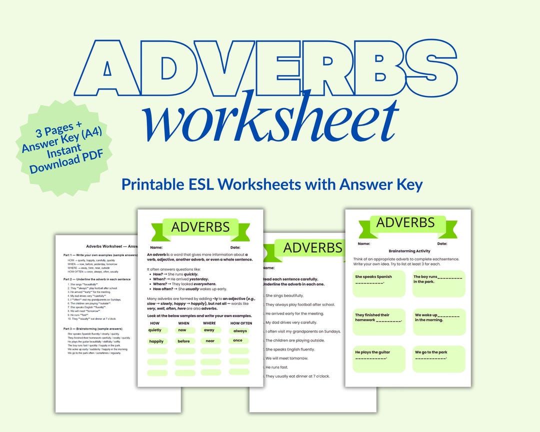 Adverbs Worksheets Printable – ESL Grammar Worksheet PDF – English ...