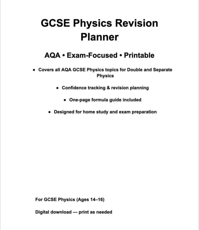 GCSE Physics Revision Planner | AQA GCSE Physics | Printable Study Planner Pdf - Etsy