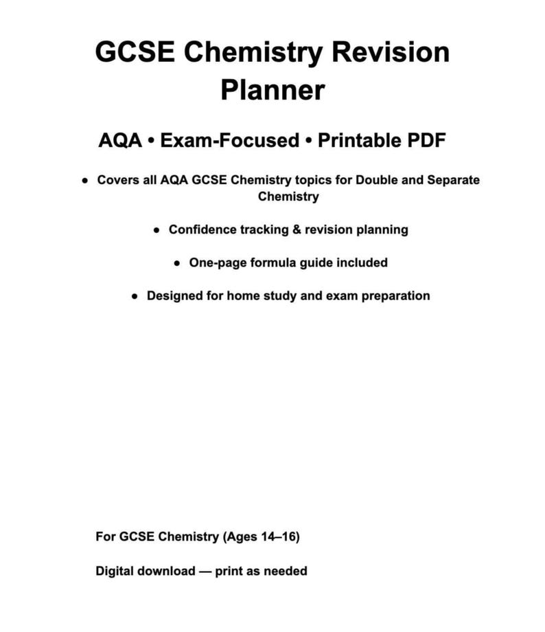 AQA GCSE Chemistry Revision Planner | Study Checklist, Formula Guide ...