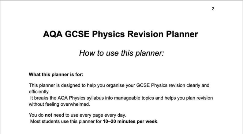 AQA GCSE Physics Revision Planner | Study Checklist, Formula Guide ...