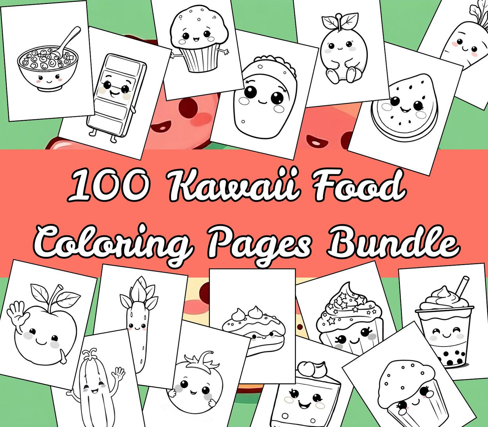 100 Kawaii Food Coloring Pages, Kids Printable Coloring Book (PDF ...