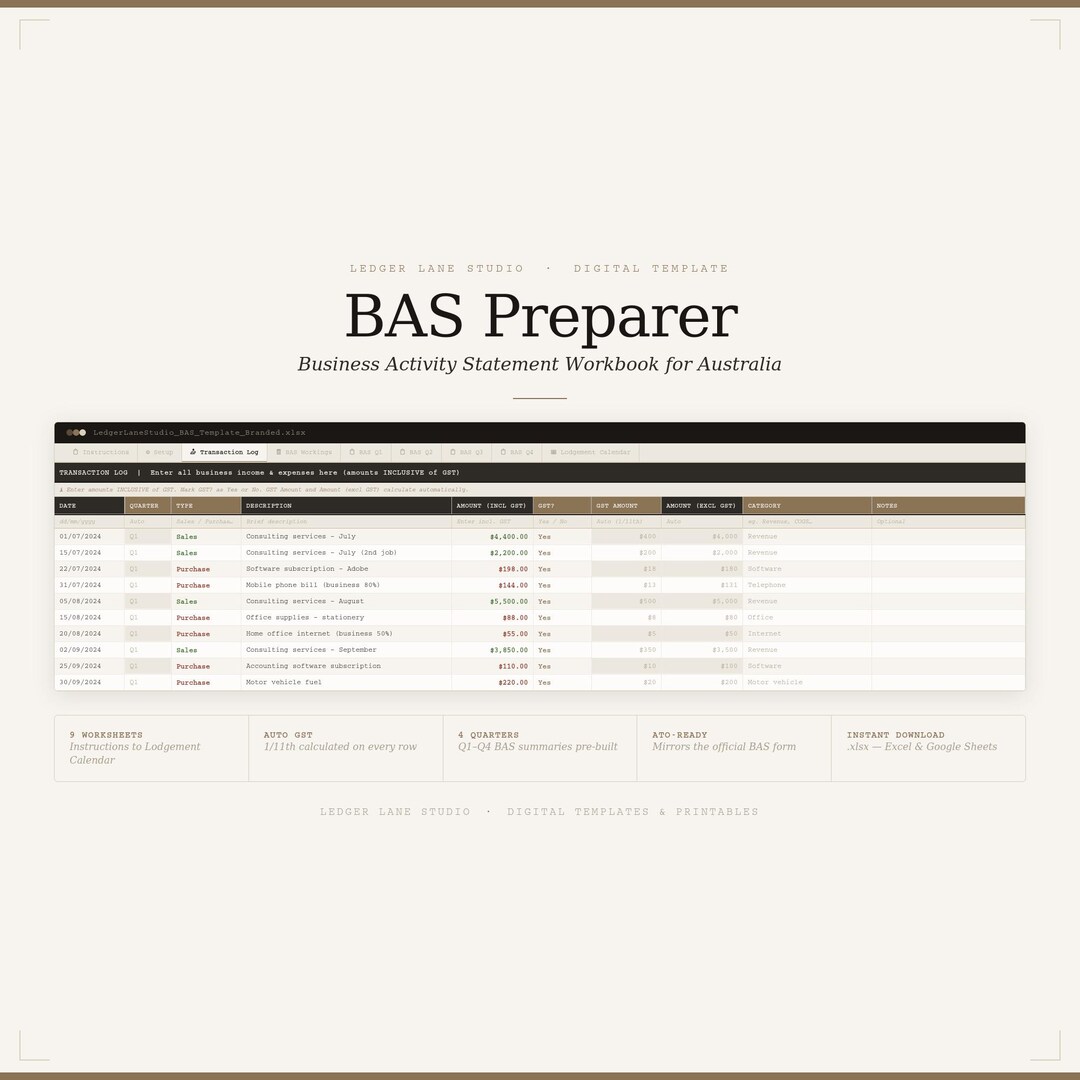 Excel BAS Preparer Template | Quarterly Business Activity Statement ...