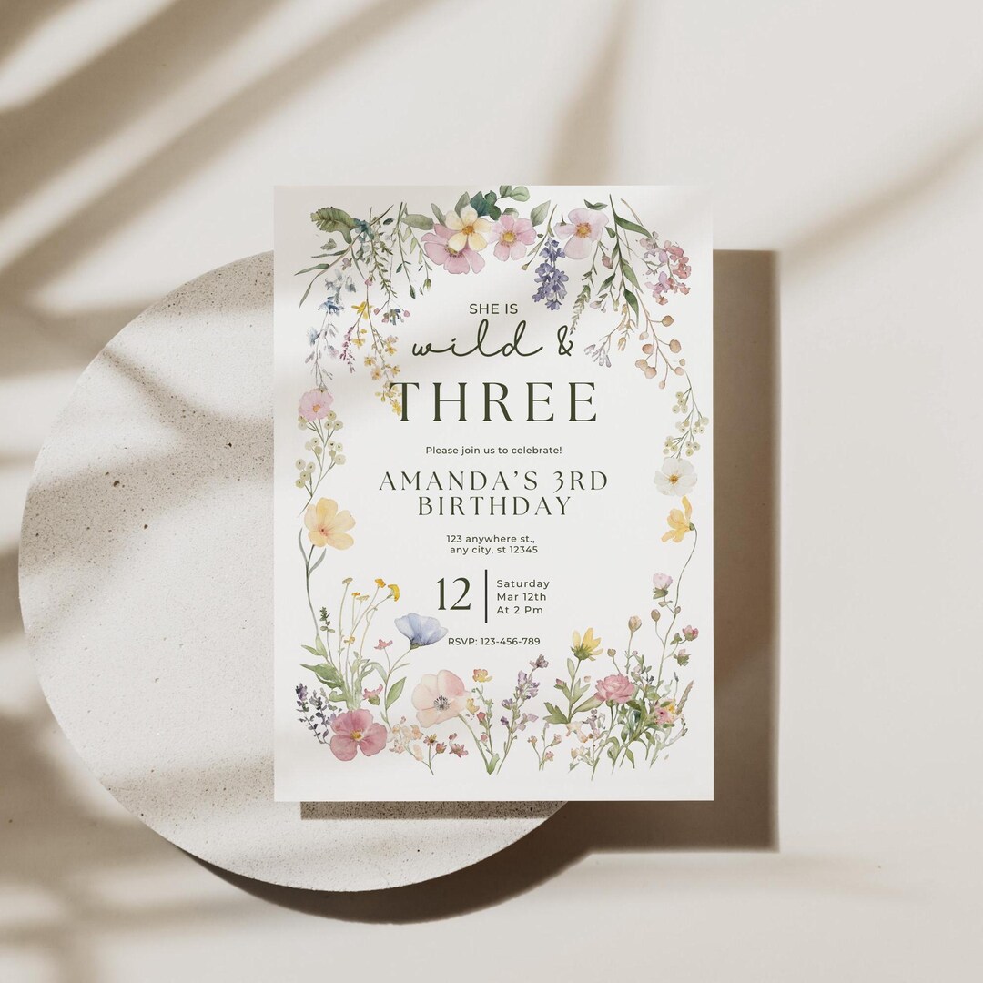 Wild and Three 3rd Birthday Invitation Template, Wildflower Design ...