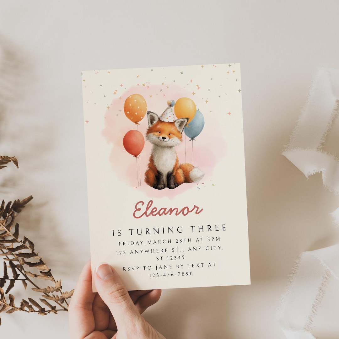 Fox Birthday Invitation Canva Template, Watercolor Woodland Party ...