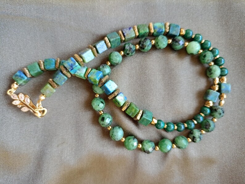 Ruby in Zoisite Azurite Malachite Hematite Necklace, 14k Rhodium Leaf ...