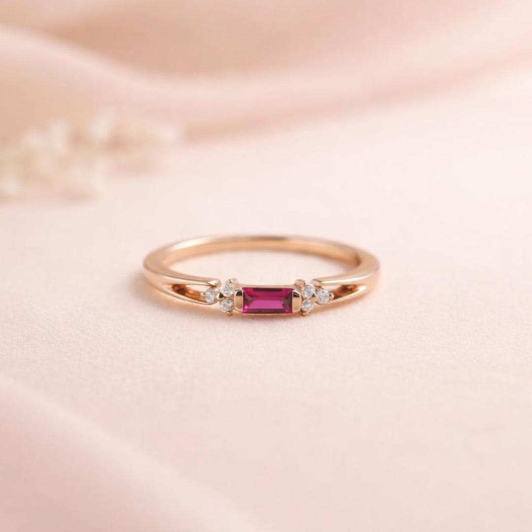 14K Gold Ruby Baguette Ring, CZ Diamond Accent, Minimalist Stacking ...