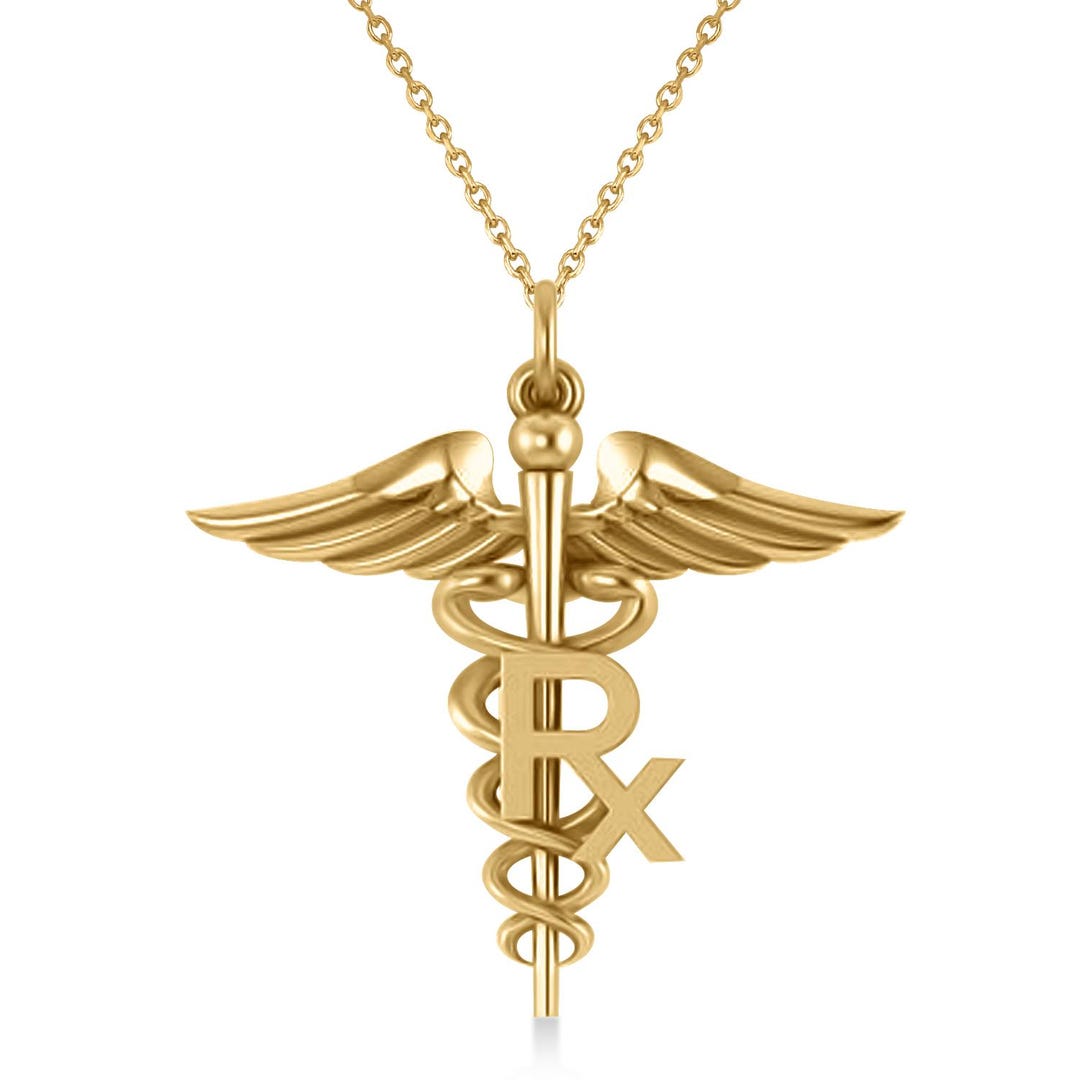 14k Solid Gold Caduceus Pendant Necklace, Handmade Pendant, Gold ...