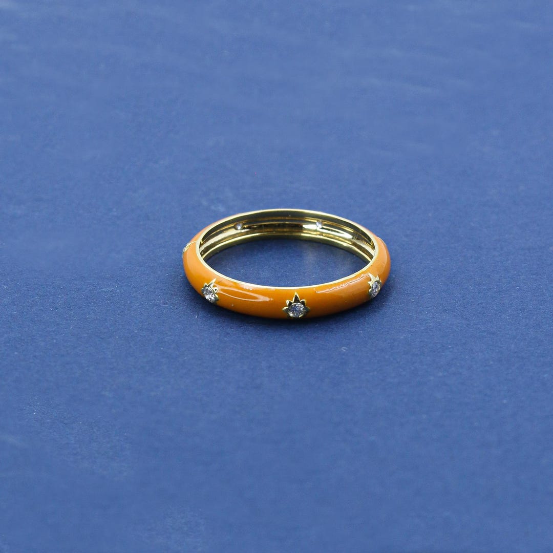 Diamond Enamel Rings, 14k Yellow Gold Lab Grown Diamond Rings, Orange ...