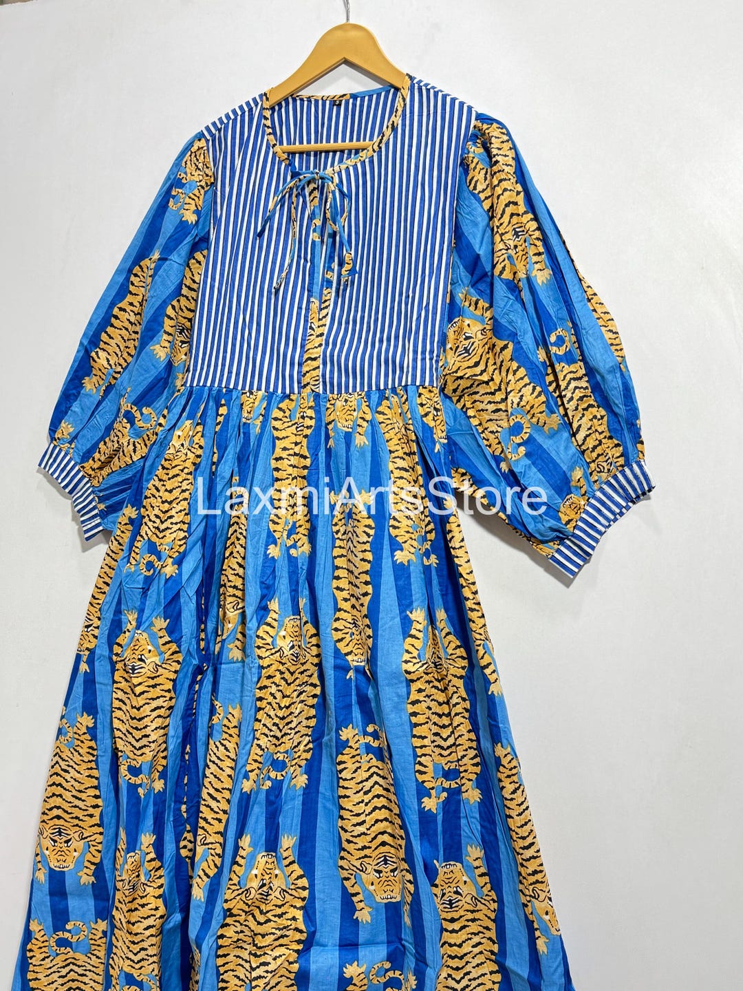 Blue Strip Tiger Print Kyra Midi Dress | Bohemian Cotton Dress for ...