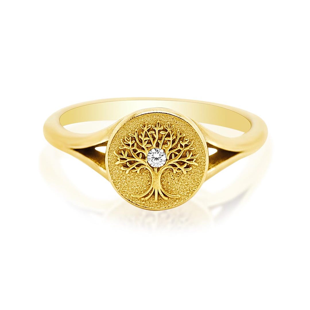 14K Gold Tree of Life Signet Ring, Genuine Diamond Family Tree Jewelry ...