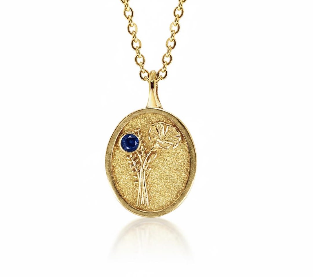 Aster September Birth Flower Pendant Necklace Blue Sapphire Stone 10K ...