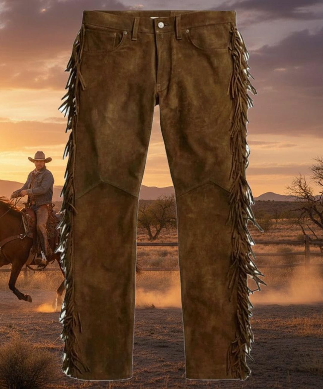 Men Native American Western Cowboy Leather Pants Full Leg Fringe Suede ...