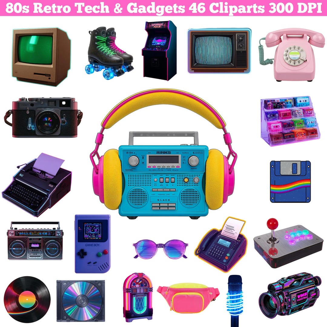 80s Retro Tech Gadget Png Clipart, Vintage Boombox Roller Skate Arcade ...