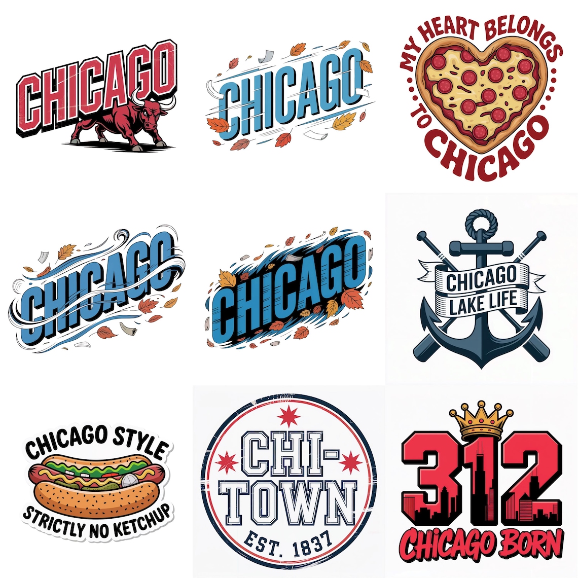 Chicago PNG Clipart Bundle, Chi-town Bull Mascot Sublimation, Deep Dish ...