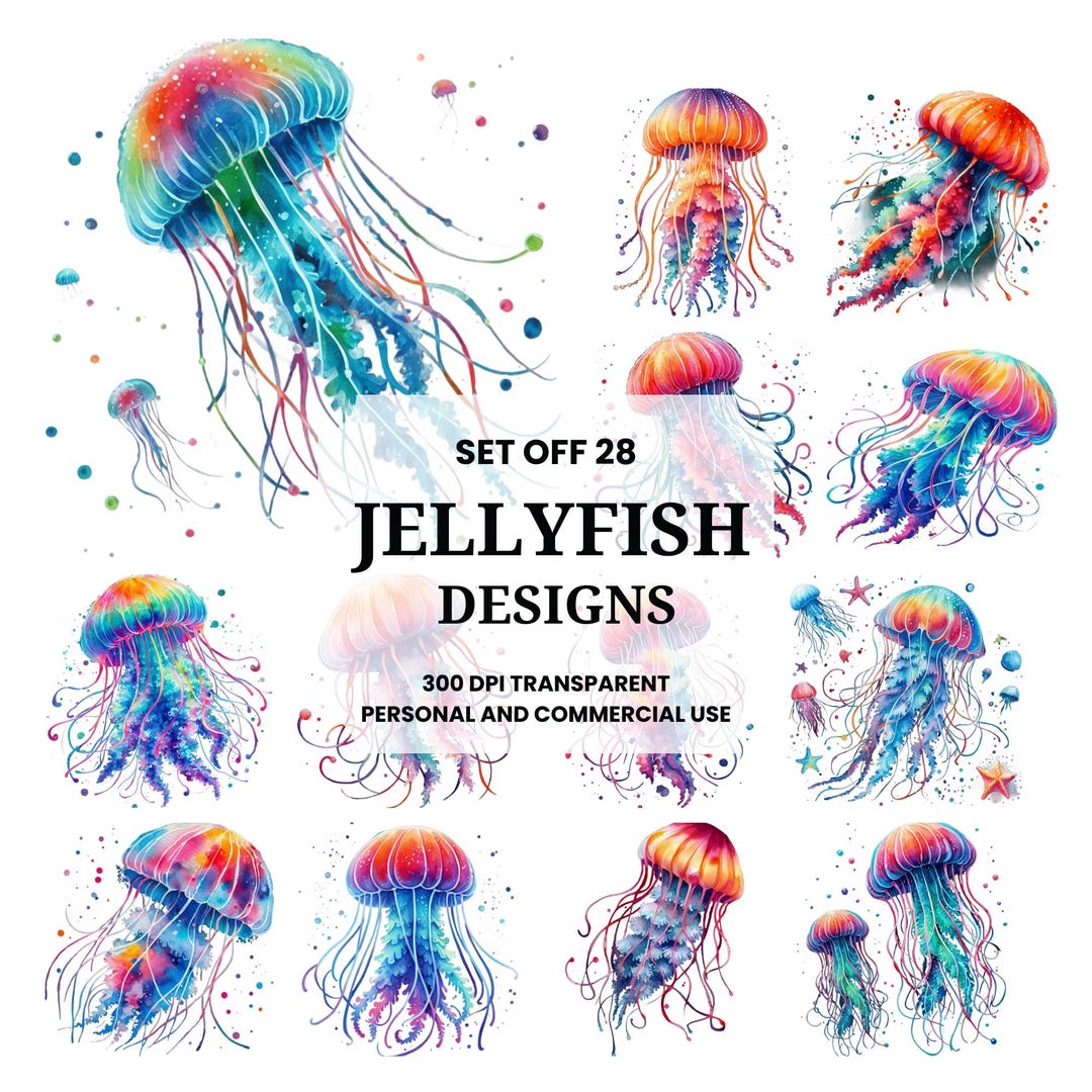 Watercolor Jellyfish Png Clipart Bundle Colorful Ocean Animal Graphic ...