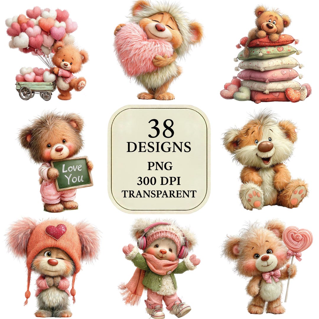 Valentine Teddy Bear PNG Clipart Bundle – 38 Designs, Valentines Bear ...
