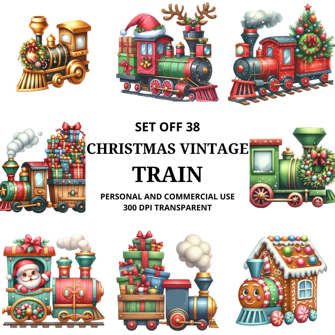 Christmas Vintage Train Png Clipart Bundle | 38 Designs | Santa Train ...