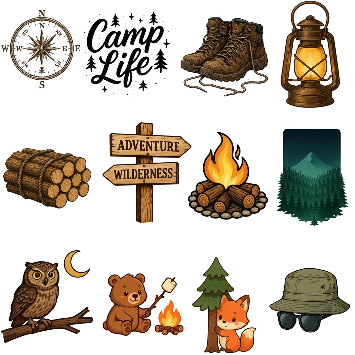 Camping Clipart PNG Bundle | Outdoor Adventure Elements | Campfire ...
