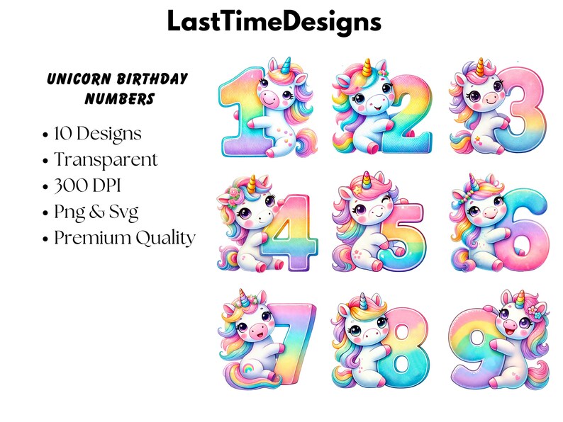 Unicorn Birthday Number PNG & SVG Clipart Set • Pastel Rainbow Kids Art ...