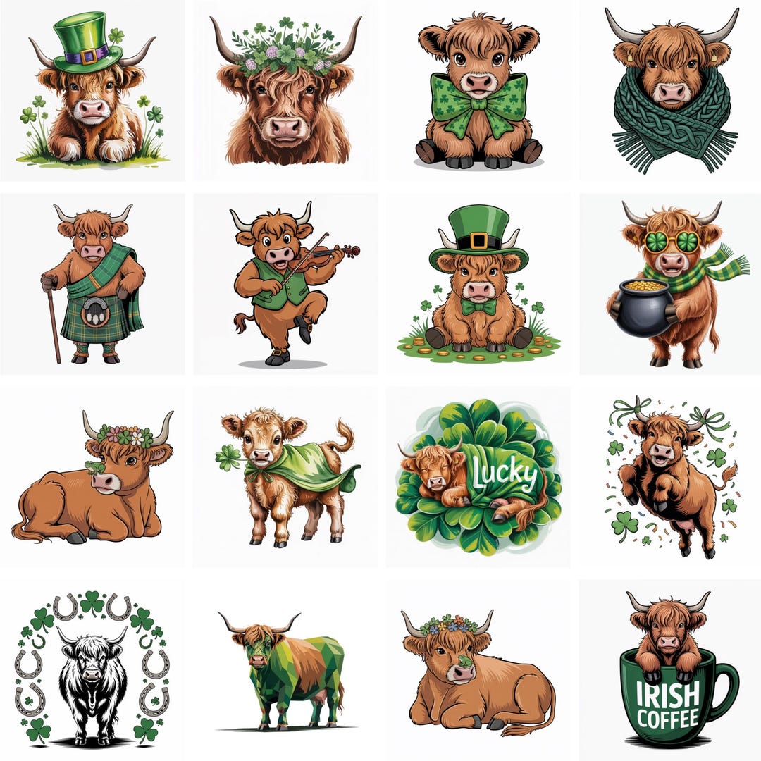 Highland Cow St Patricks Day PNG Bundle, 25 Cute Irish Cow Clipart ...