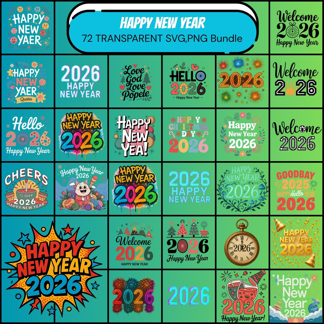 Happy New Year 2026 PNG and SVG Bundle - Clipart for T-shirts, Mugs ...