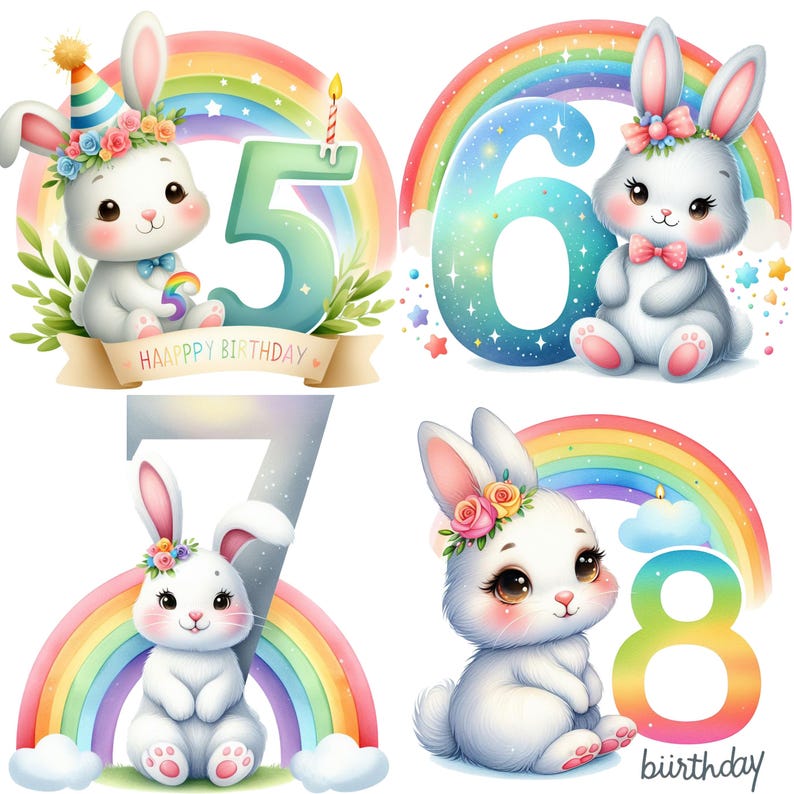 Bunny Birthday Number PNG and SVG Clipart • Rainbow Pastel Kids • Cute ...