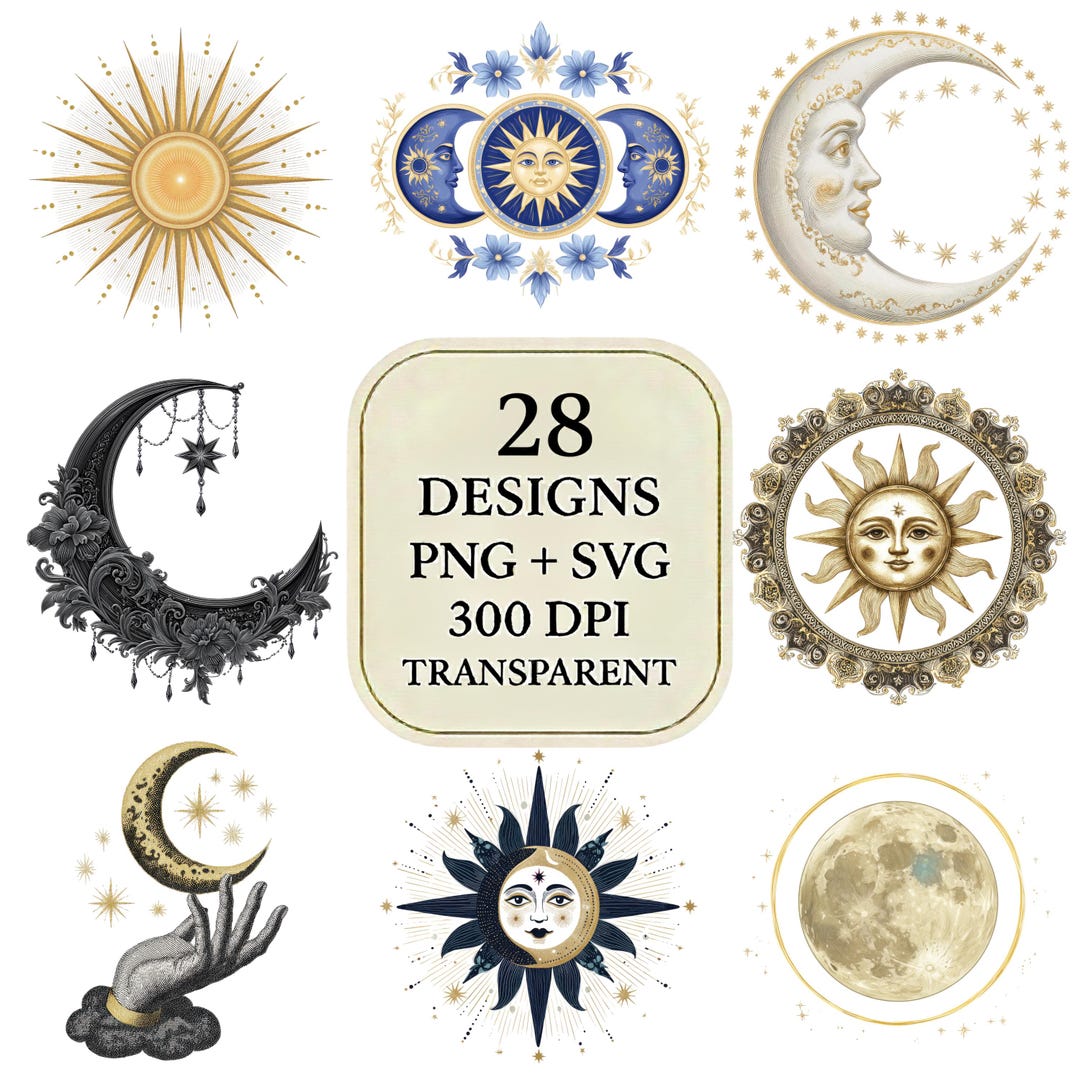 Mystical Sun & Moon PNG and SVG Clipart Bundle | Celestial Boho ...