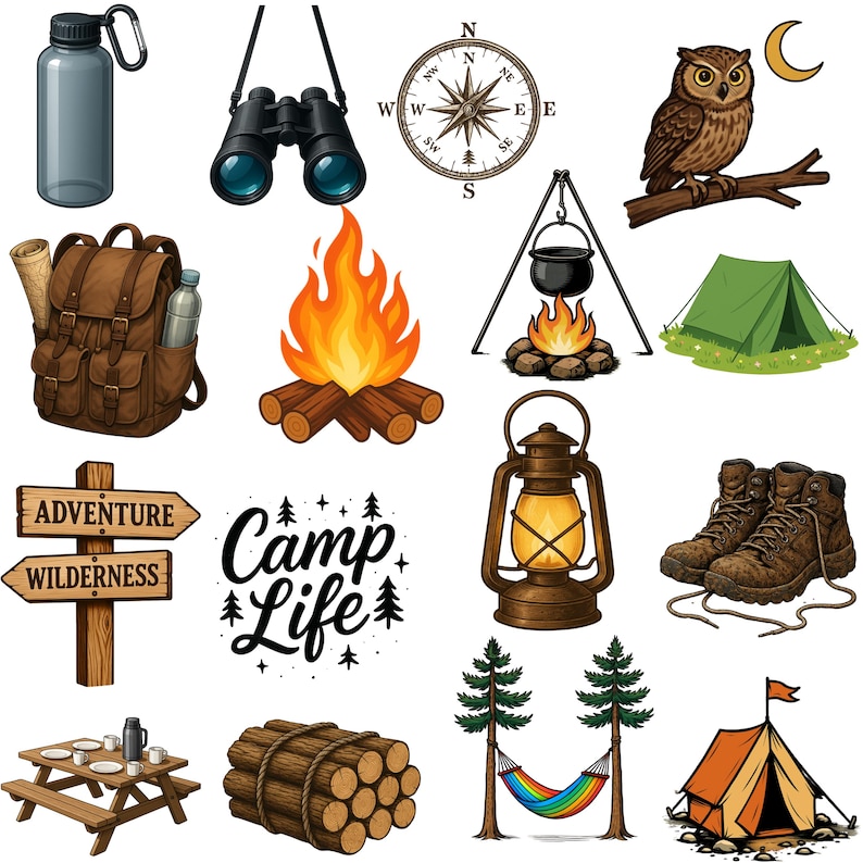 Camping Clipart PNG Bundle | Outdoor Adventure Elements | Campfire ...