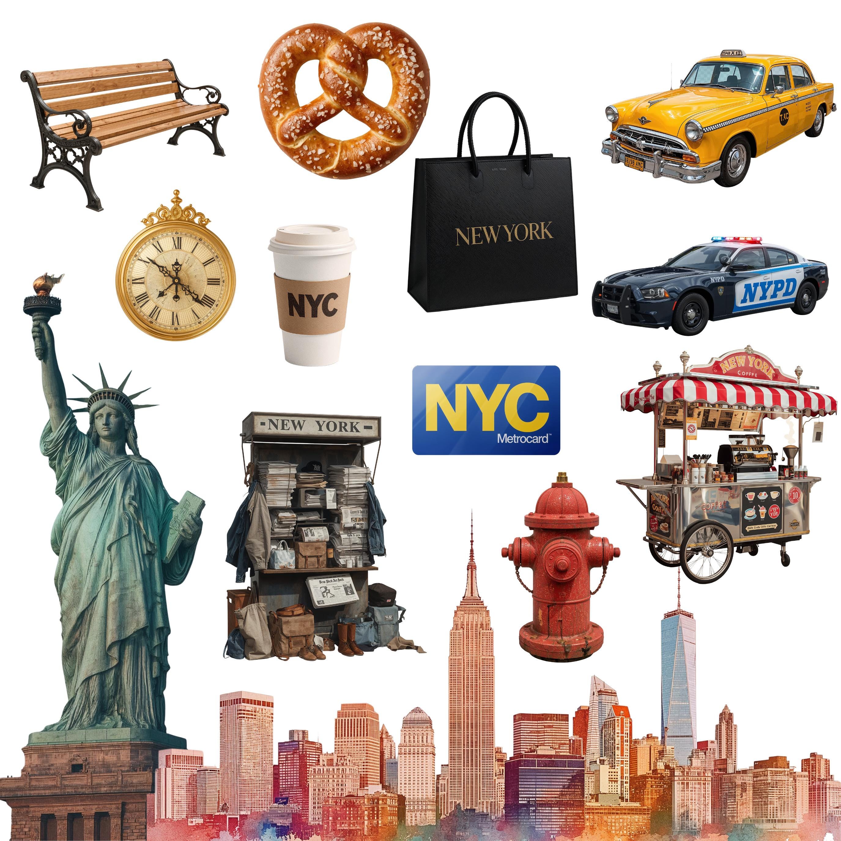 New York Clipart Bundle | NYC Taxi, Statue of Liberty, Pretzel, Hot Dog ...