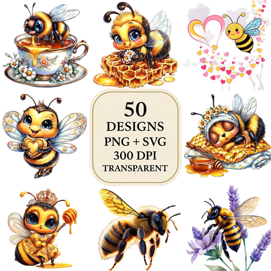 Honey Bee Clipart Bundle | PNG and SVG | Watercolor Floral Bees ...