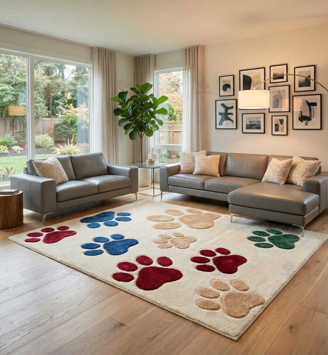 Hand-tufted Wool Rug | Colorful Paw Print, Shaggy Pet Carpet - Etsy