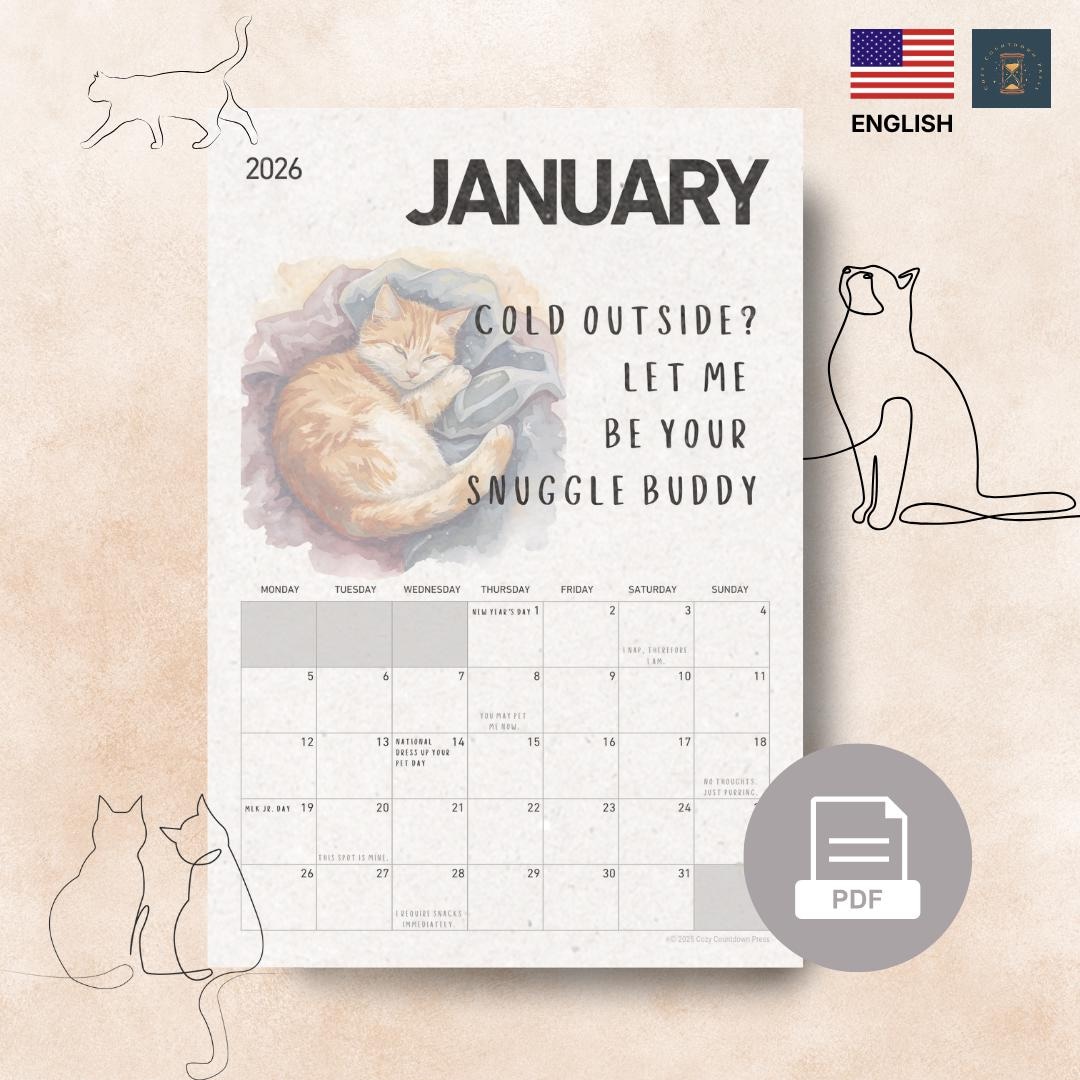 Cat Lover Calendar 2026 Printable | Funny Cat Quotes Calendar | Monthly ...