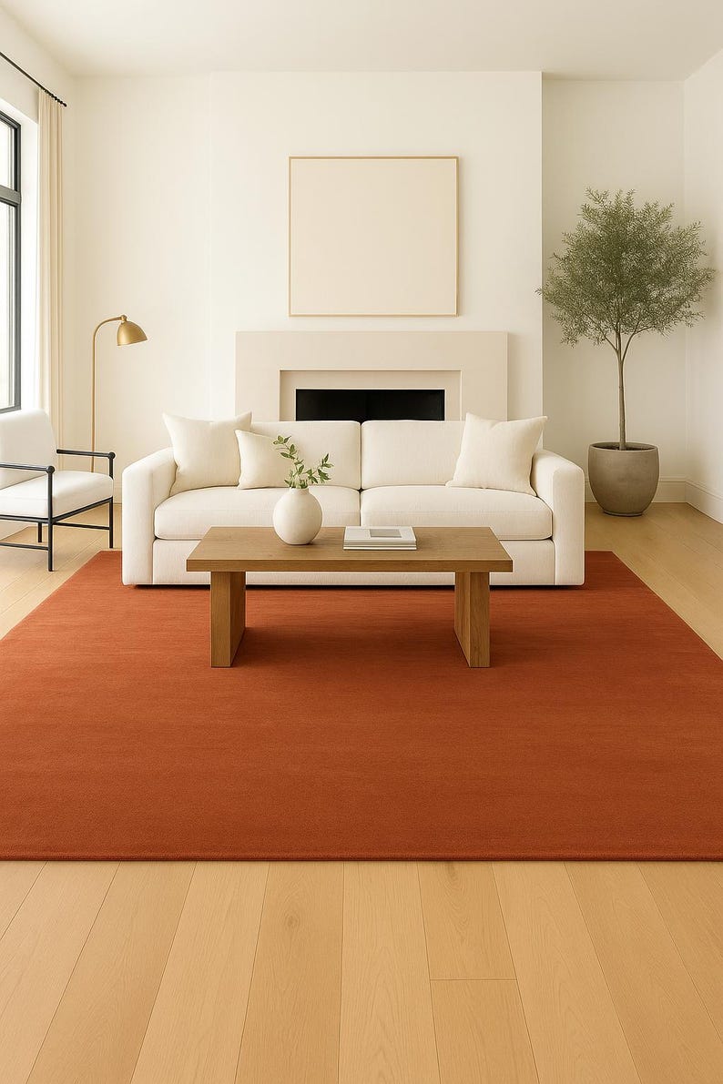 Tapis orange terracotta en laine tufté à la main, design minimaliste ...