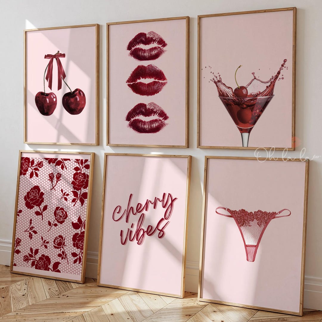 Pink Cherry Vibes Wall Art Set, Coquette Room Decor, Aesthetic Girly ...