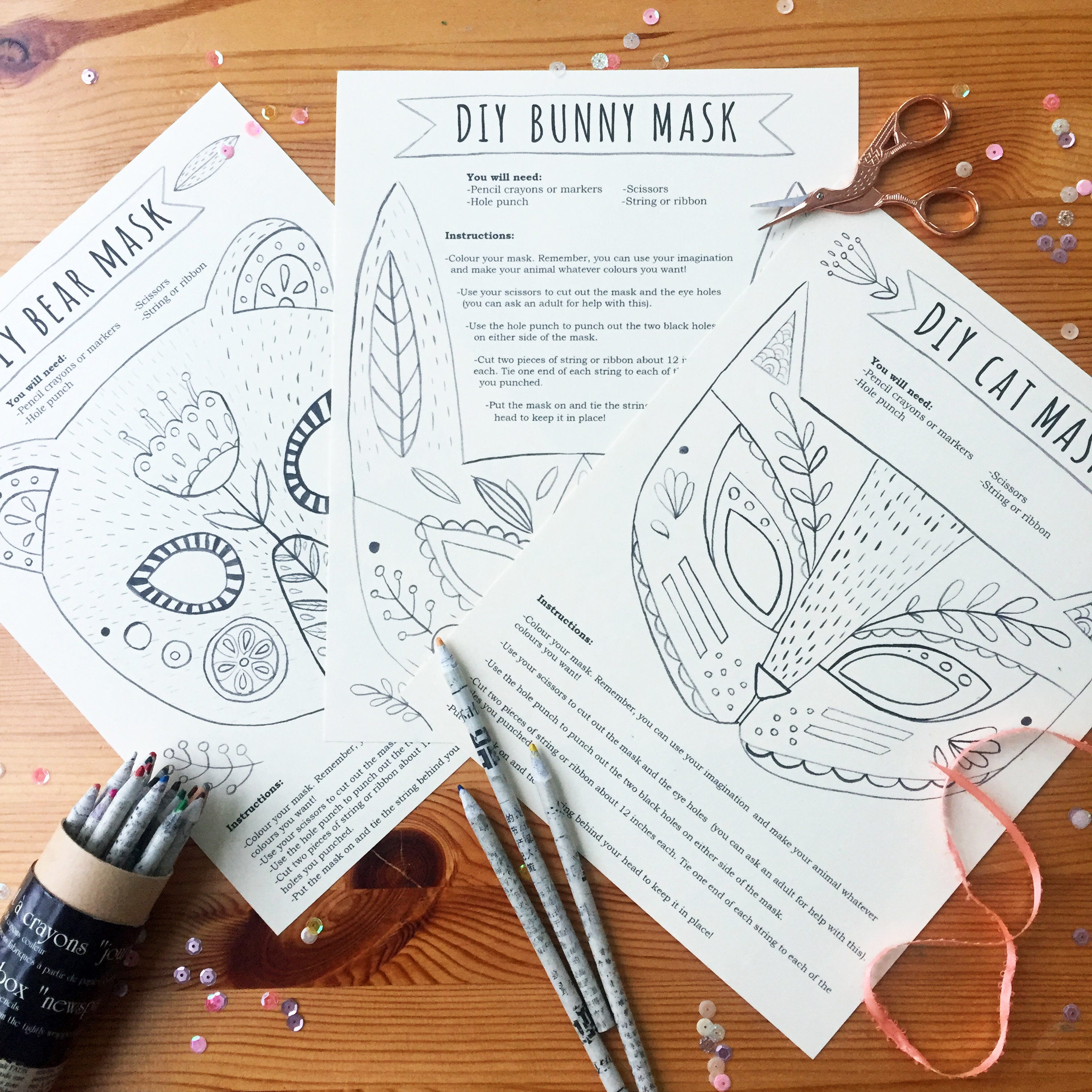 Printable Mask Set - DIY Animal Paper Craft Coloring Sheet Party Favor ...
