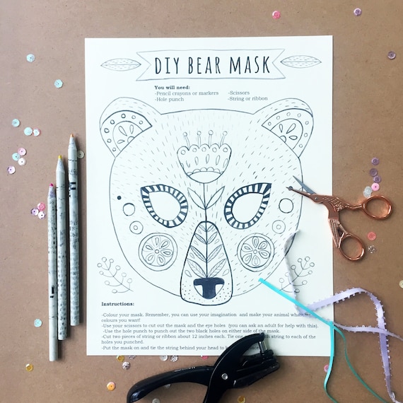Printable Bear Mask DIY Animal Paper Craft Coloring Sheet | Etsy