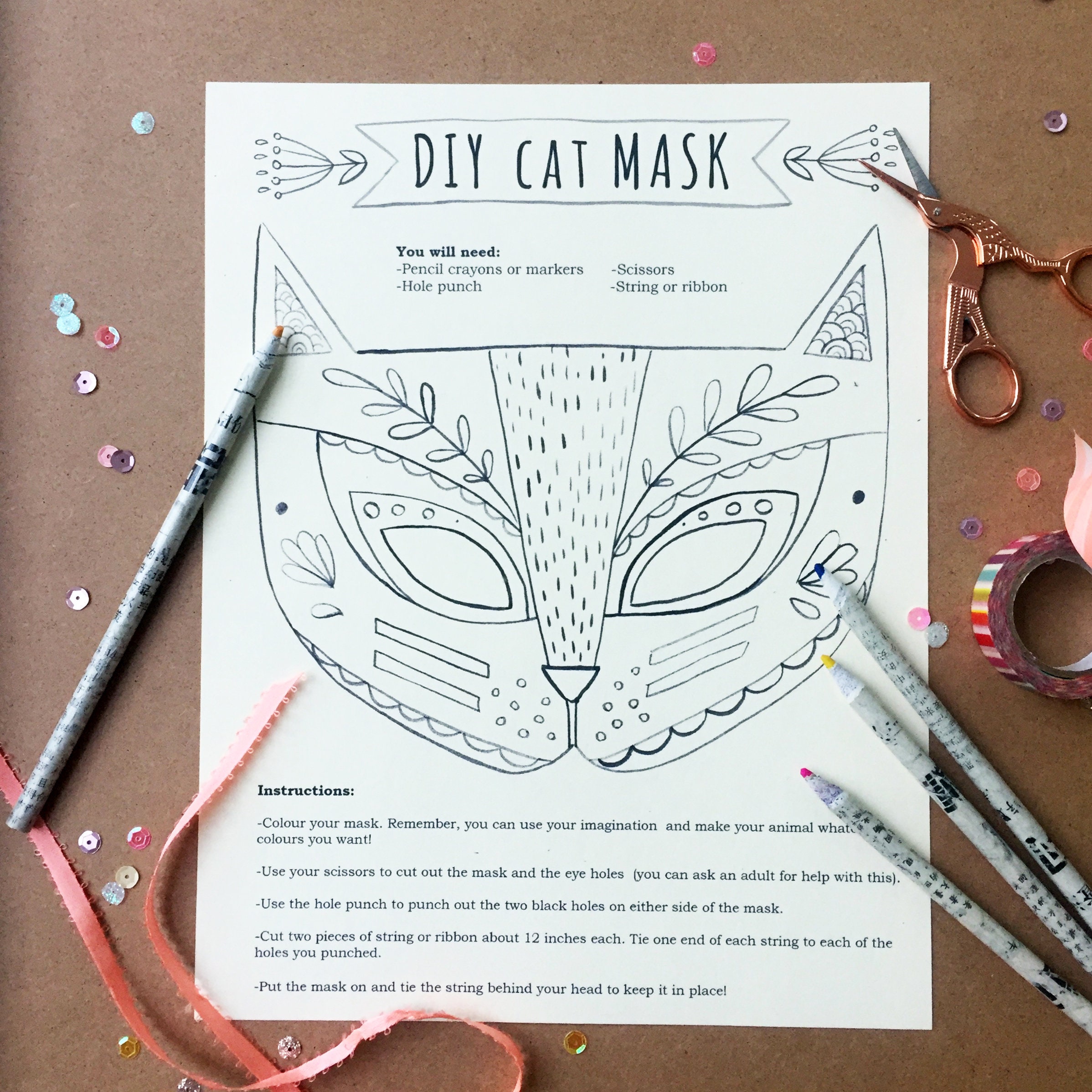 Printable Mask Set - DIY Animal Paper Craft Coloring Sheet Party Favor ...
