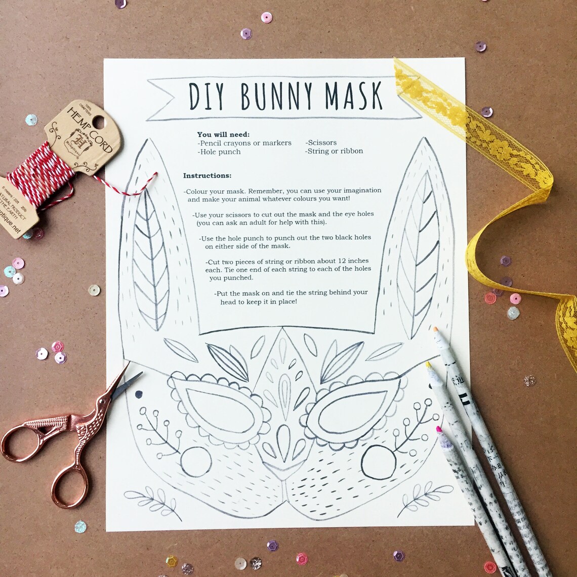 Printable Bunny Mask - DIY Animal Paper Craft Coloring Sheet Party ...