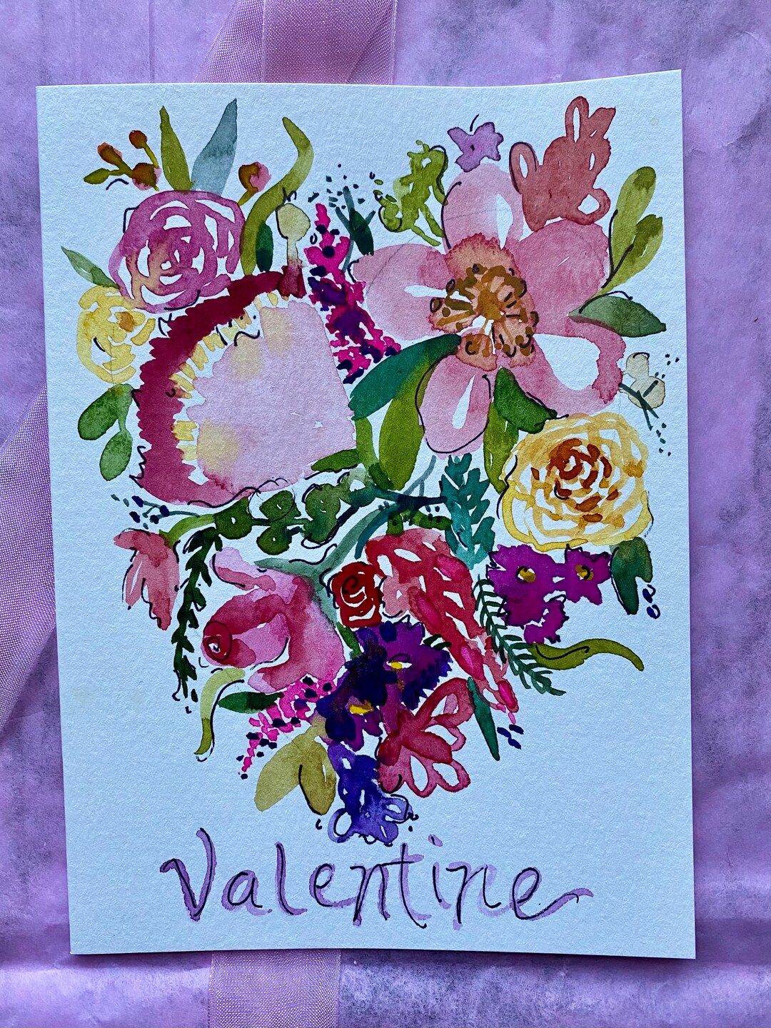 Floral Watercolor Painting Special Handmade Card Pink Heart Design ...