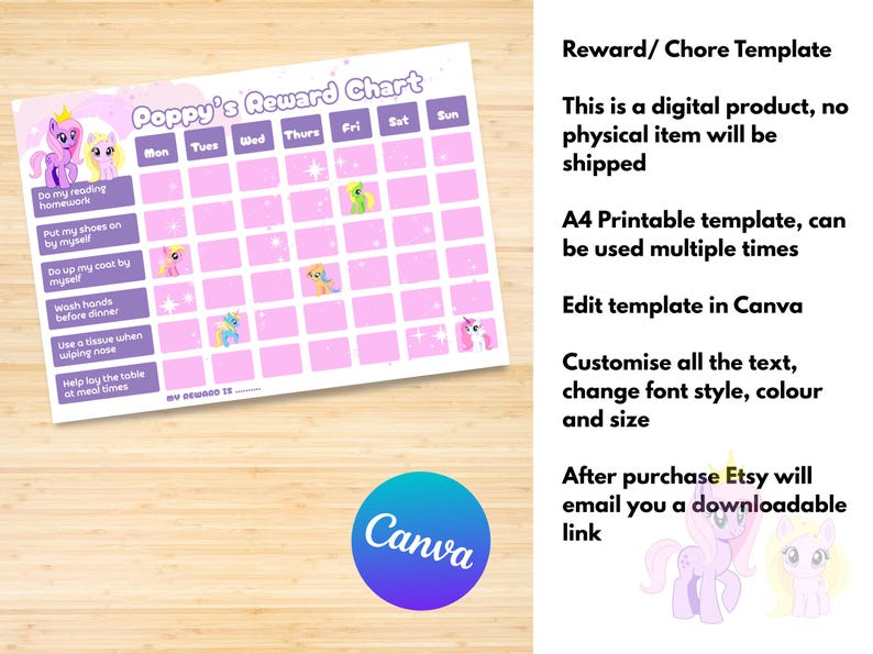 Kids My Little Pony Reward & Chore Chart | Editable Canva Template ...