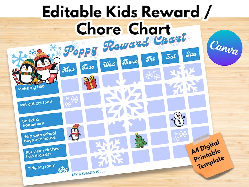 Kids Christmas Reward & Chore Chart | Editable Canva Template (digital ...
