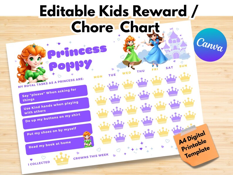 Kids Blue Princess Reward & Chore Chart | Editable Canva Template ...