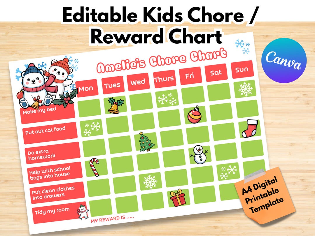 Kids Red Christmas Reward & Chore Chart | Editable Canva Template ...
