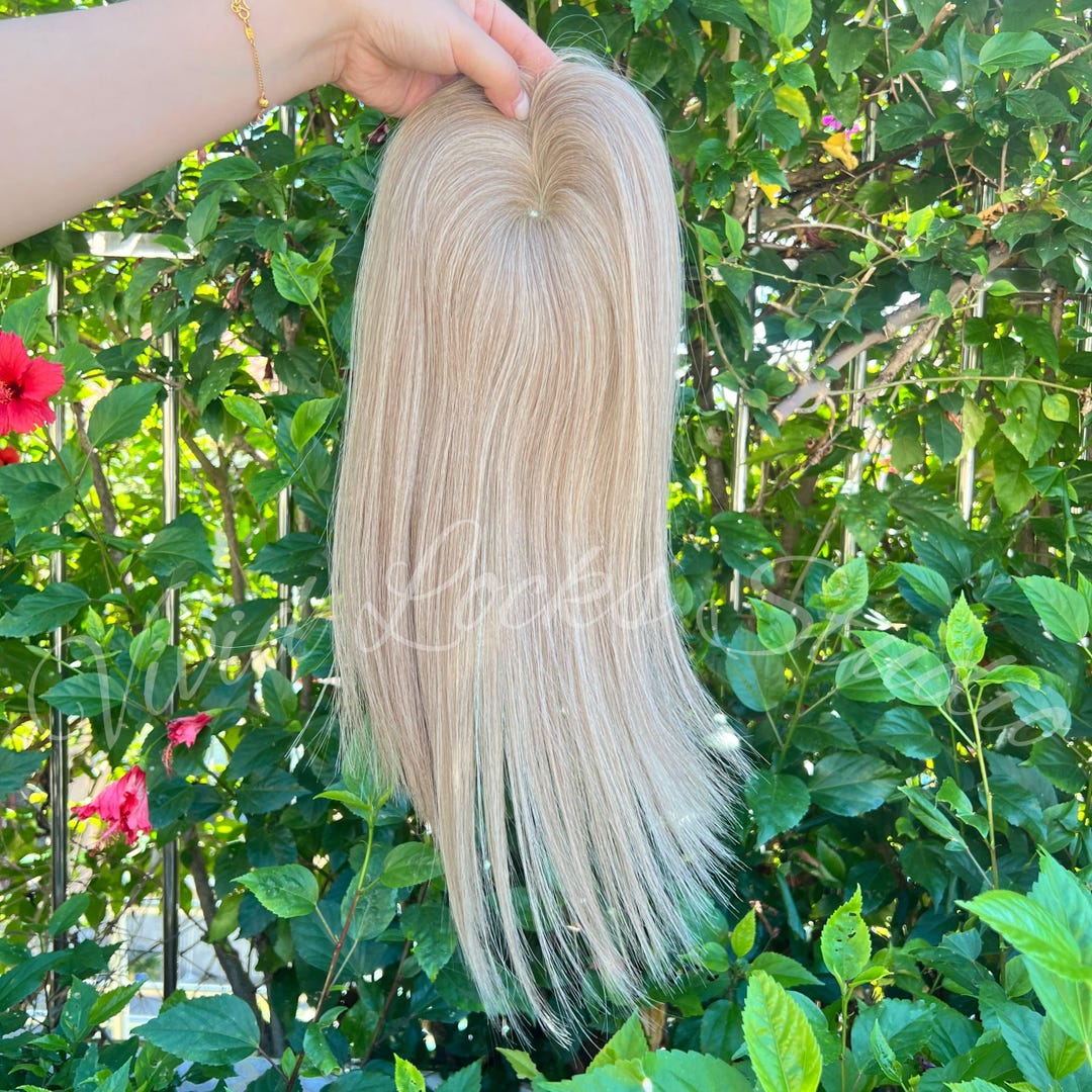 Platinum/silver Blonde Toupee Human Hair Strip Crown Sparse Hair Volume ...