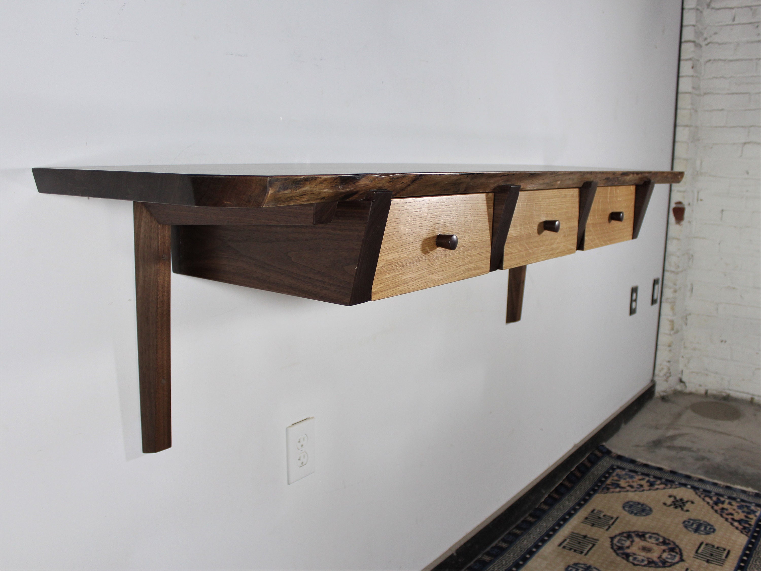 Custom Walnut Live Edge 3 Drawer Wall Unit Floating Desk Entry Table ...