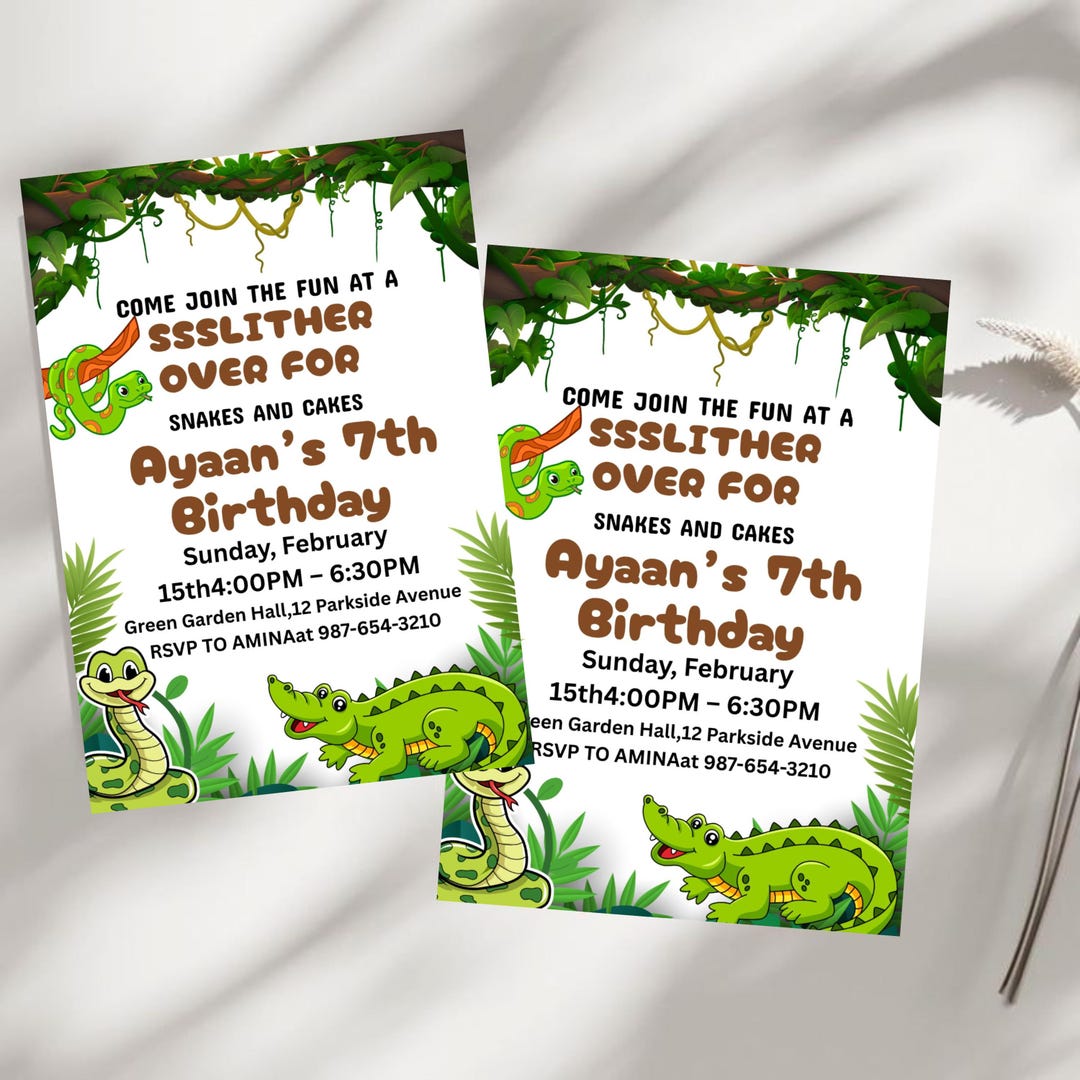 Snakes and Cakes Birthday Invitation | Jungle Reptile Kids Party Invite ...